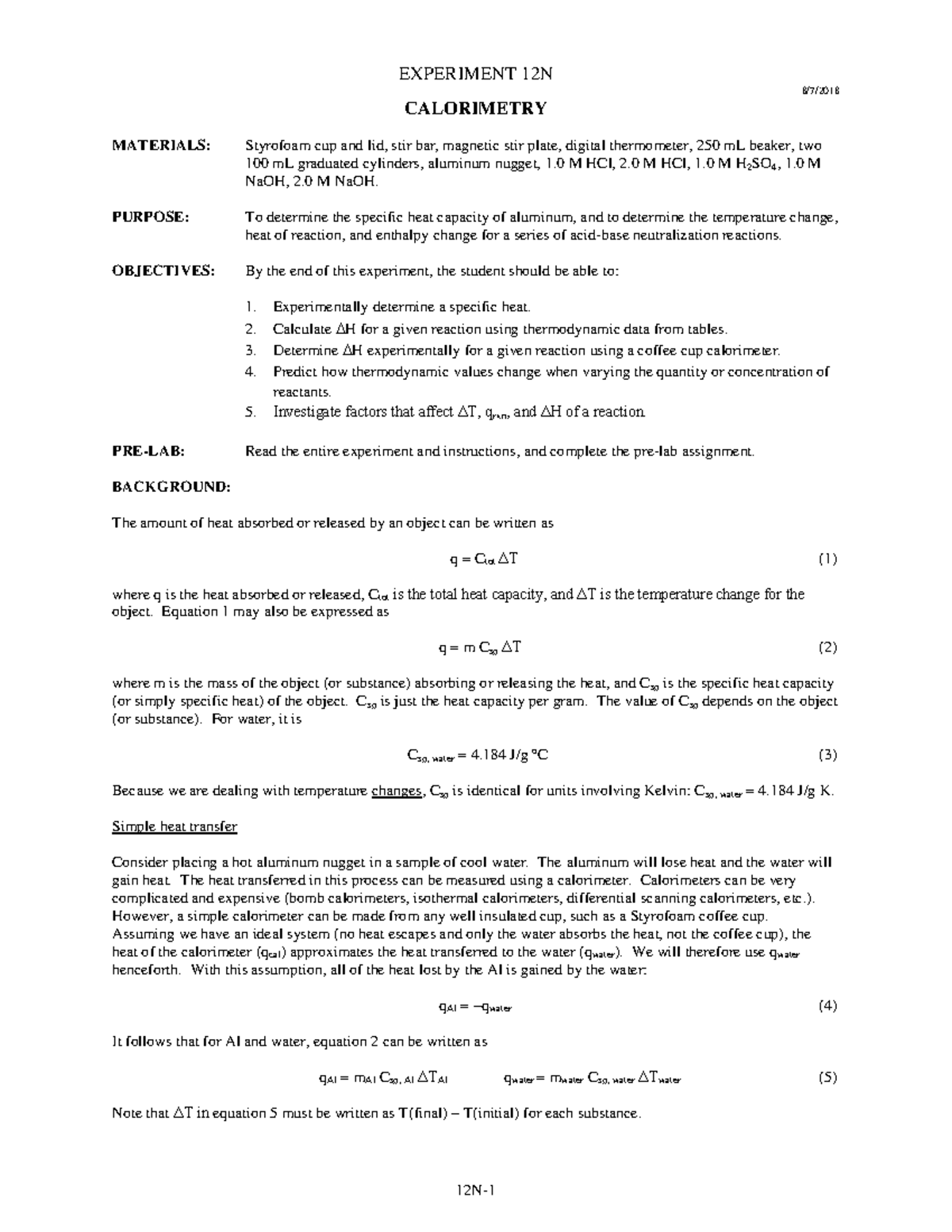 Week 10 - Exp 12N Calorimetry FA19 - EXPERIMENT 12N 8/7/ CALORIMETRY ...