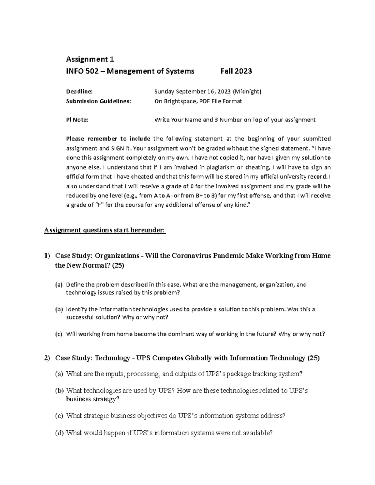 INFO502 Assignement 1 - Assignment - Assignment 1 INFO 502 – Management ...