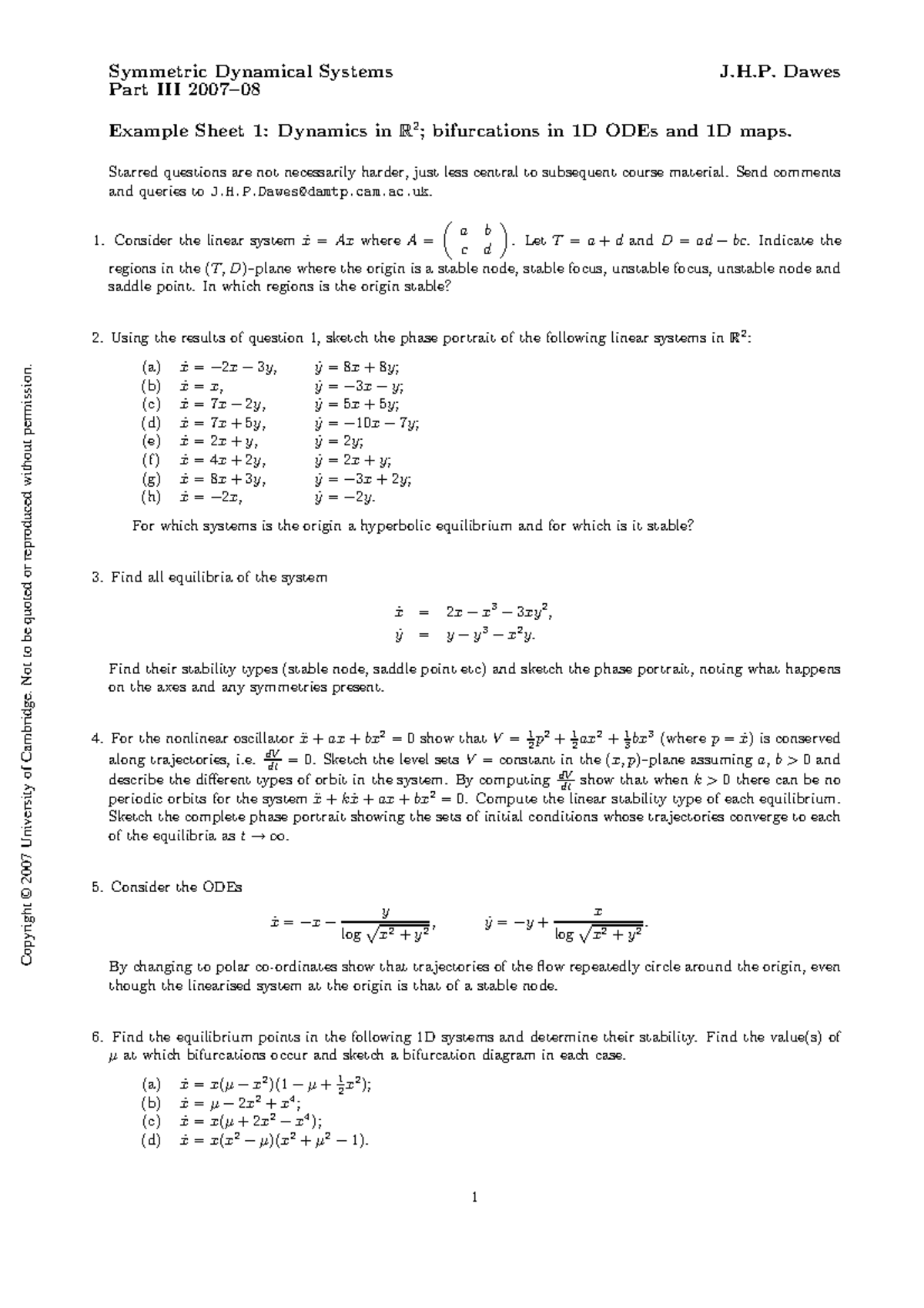 Seminar assignments - Example sheet 1 - Copyright © 2007 University of ...