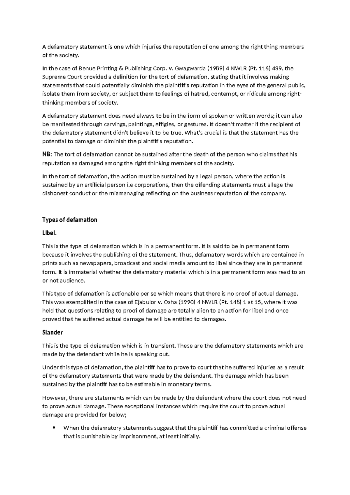 Tort - defamation statements in tort - A defamatory statement is one ...