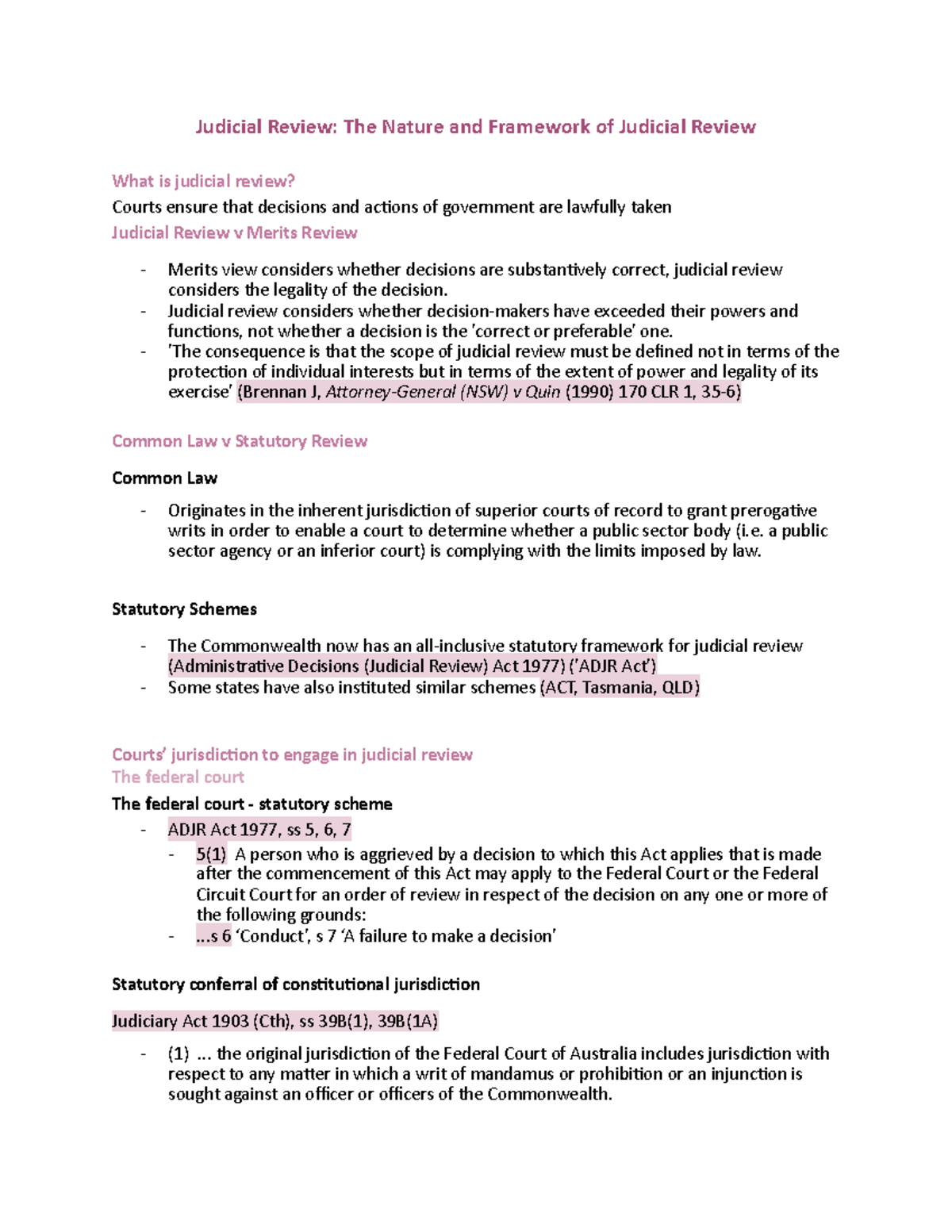 WEEK 4 Notes - Judicial Review: The Nature and Framework of Judicial ...