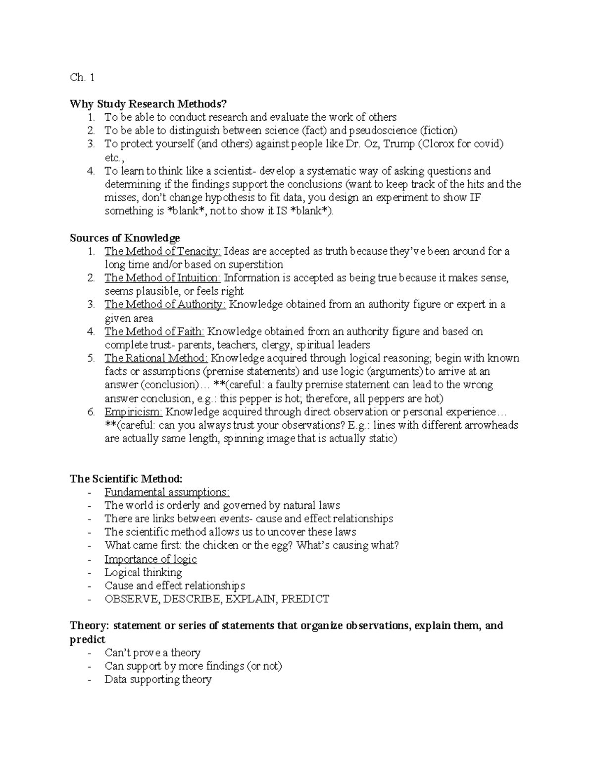 PSYC310 Midterm Study - Summary Research Methods and Designs I - Ch. 1 ...
