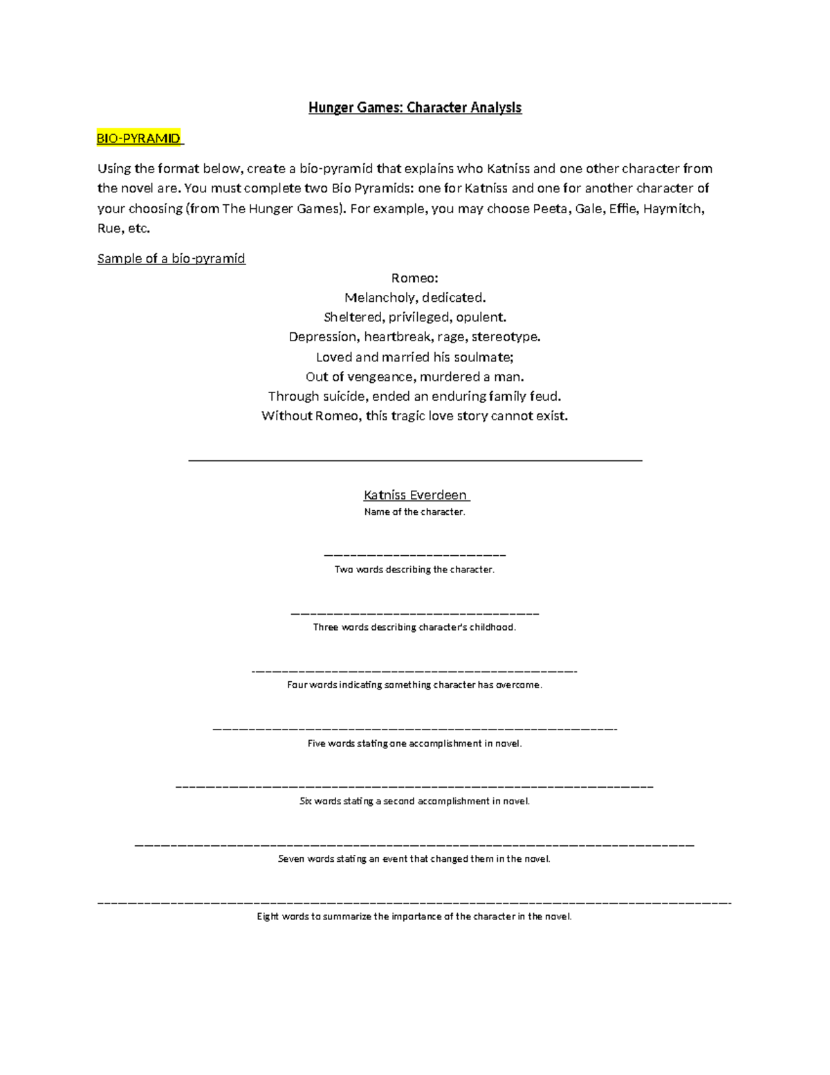 Character analysis bio pyramid - Hunger Games: Character Analysis BIO ...