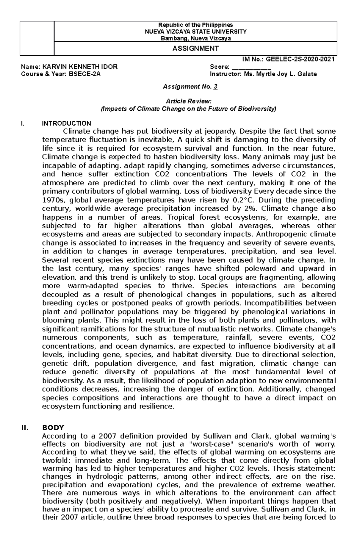Assignment No. 3 IDOR Karvin Kenneth - NUEVA VIZCAYA STATE UNIVERSITY Bambang, Nueva Vizcaya ...
