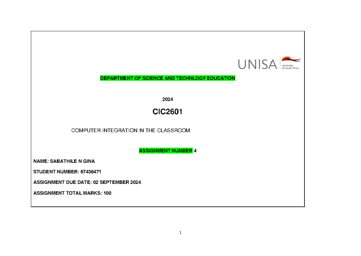 CIC2601 Assignment 4 Answers - DEPARTMENT OF SCIENCE AND TECHNLOGY EDUCATION 2024 CIC COMPUTER ...