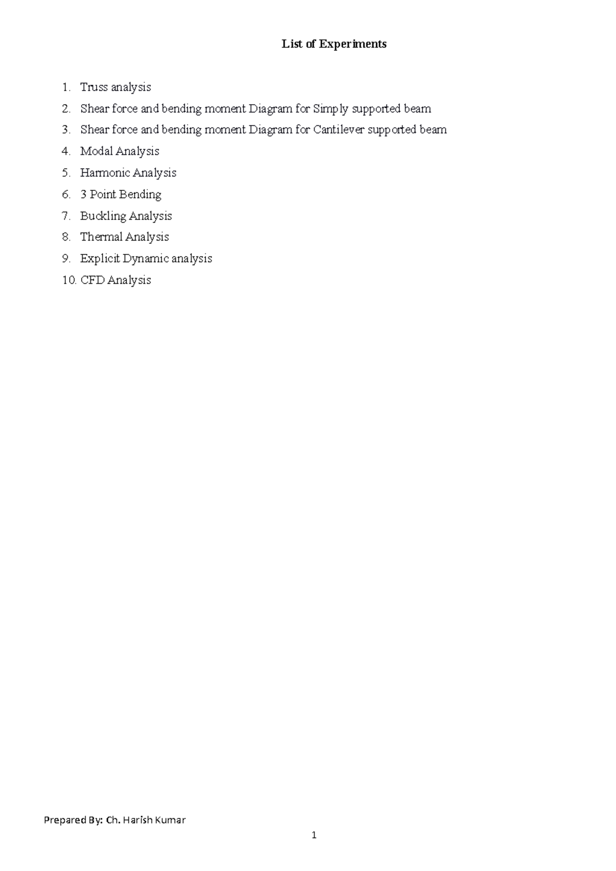 FEA Using Ansys Lab Manual - List of Experiments 1. Truss analysis 2 ...