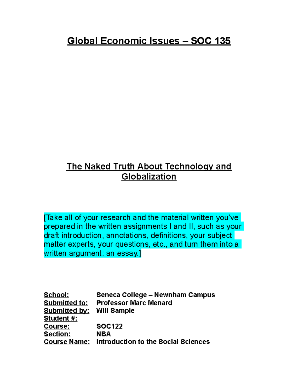 Sample - Essay Assignment - Global Economic Issues – SOC 135 The Naked ...