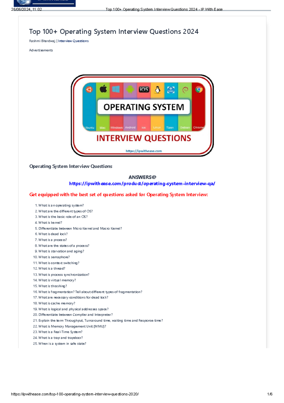 Top 100+ Operating System Interview Questions 2024 - IP With Ease - Top 100+ Operating System ...