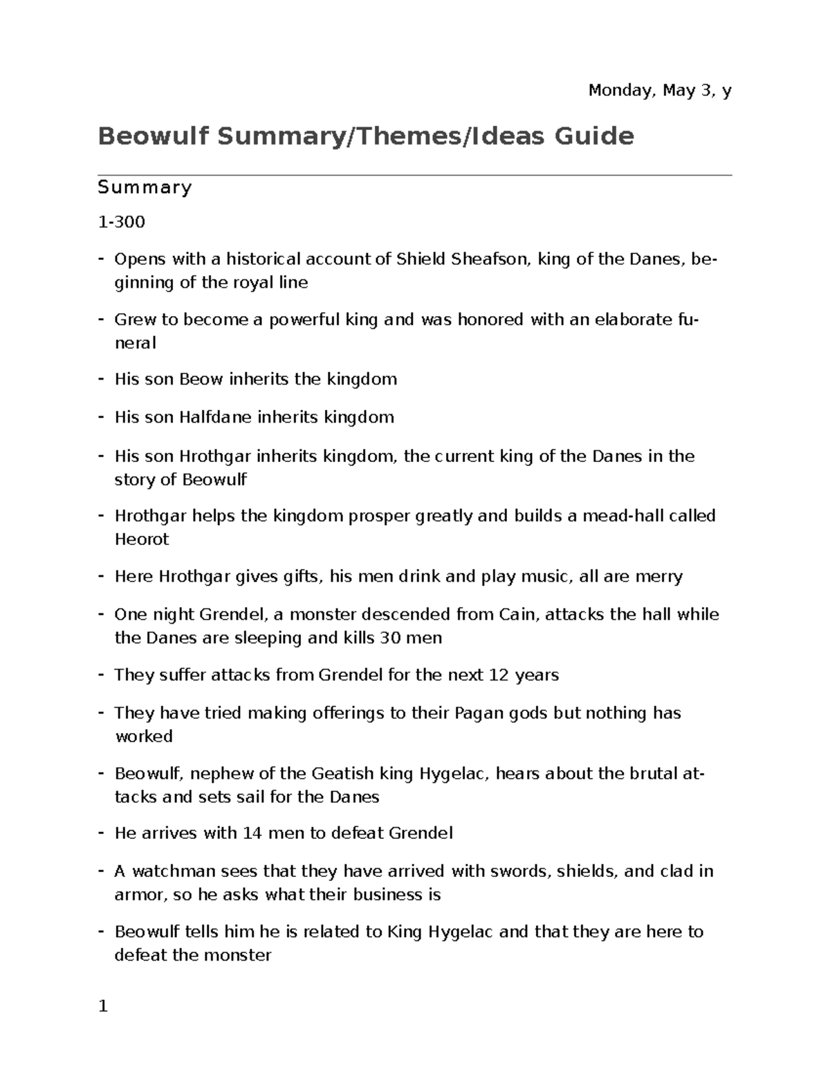 Beowulf Summary - Beowulf Summary/Themes/Ideas Guide Summary 1- Opens ...