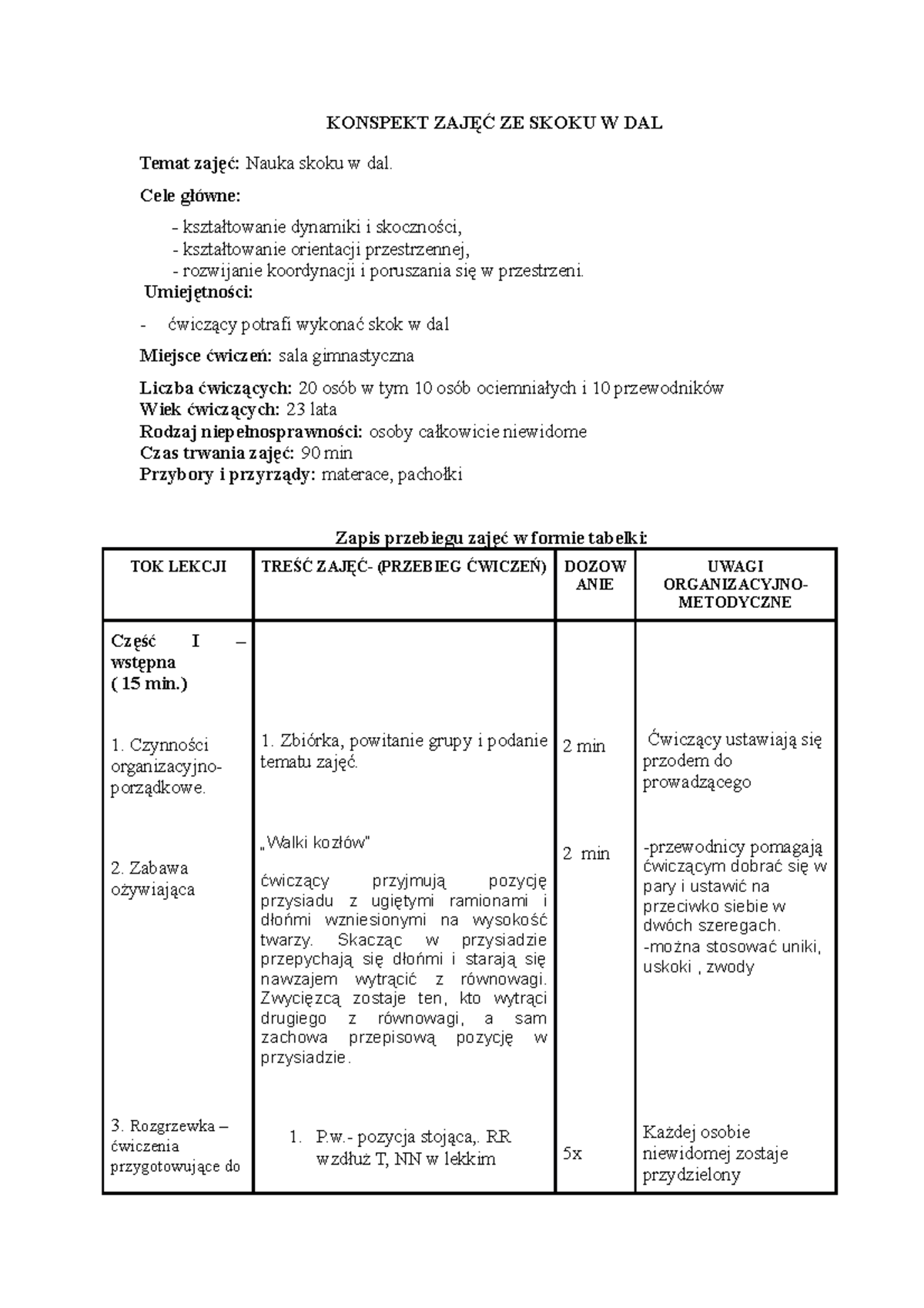 SON skok w dal - KONSPEKT ZAJĘĆ ZE SKOKU W DAL Temat zajęć: Nauka skoku ...