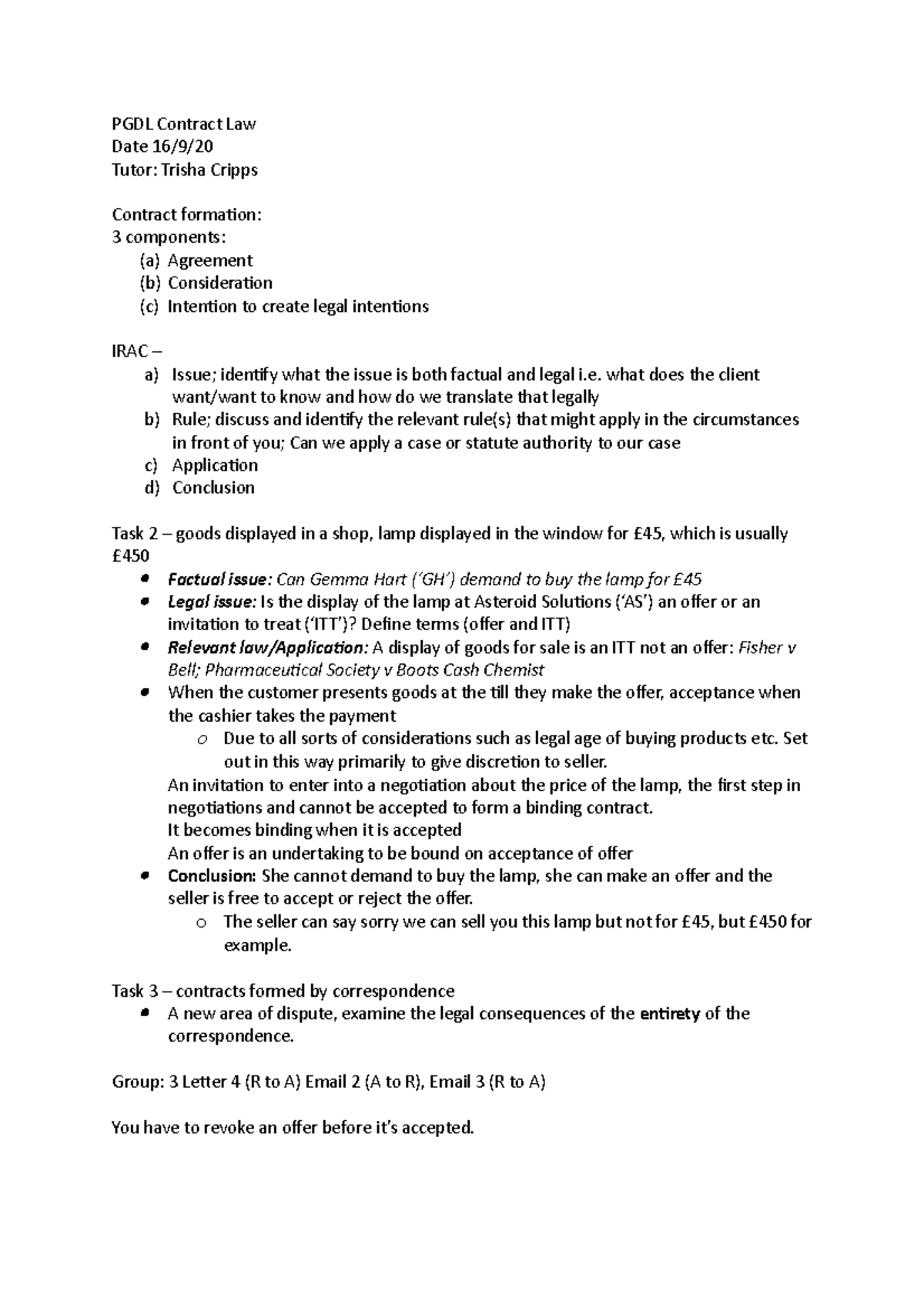 Lecture 1 notes - from BPP Contract Law - BPC01 - Studocu