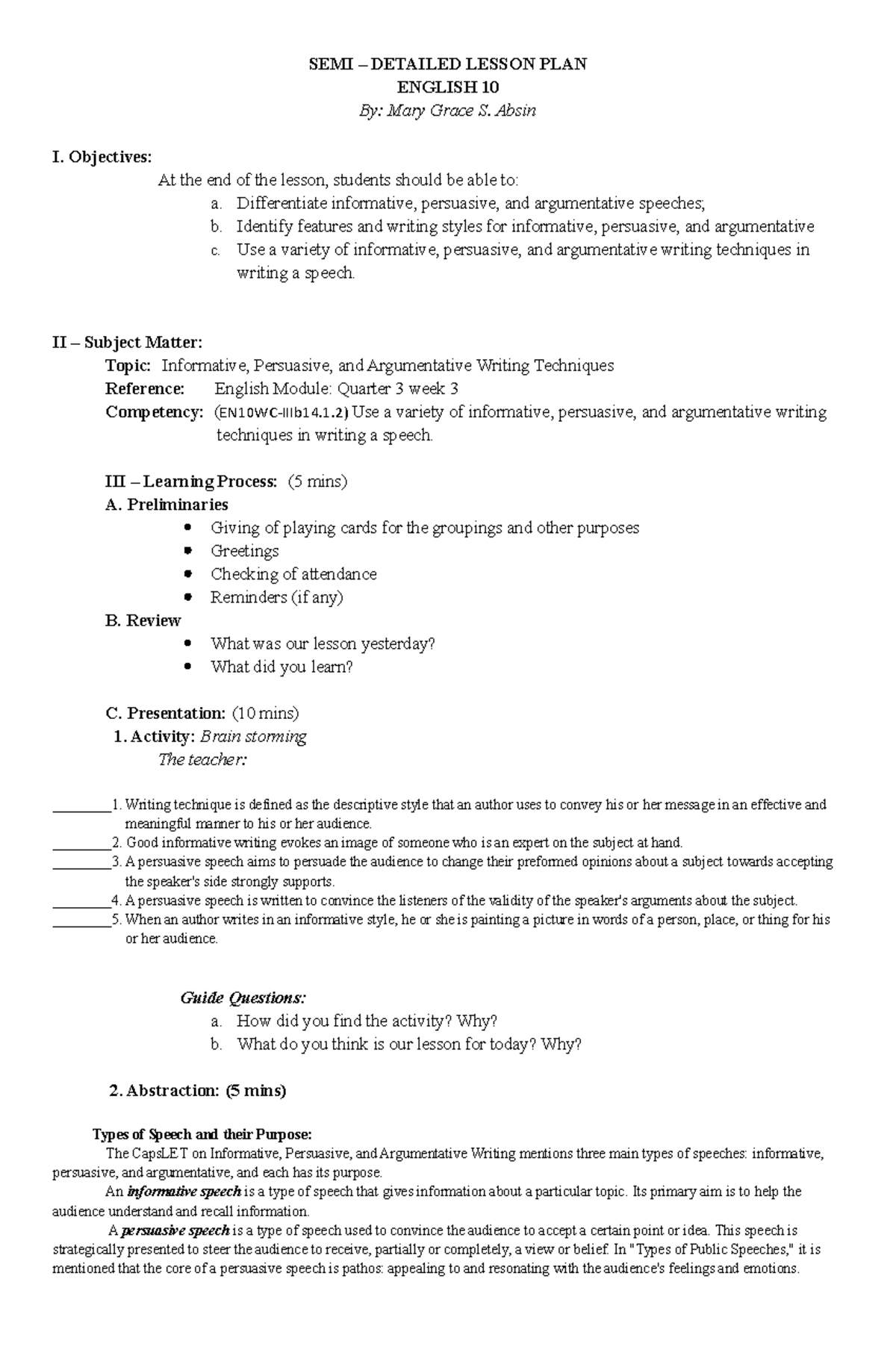 Lesson plan COT 2 - SEMI – DETAILED LESSON PLAN ENGLISH 10 By: Mary ...