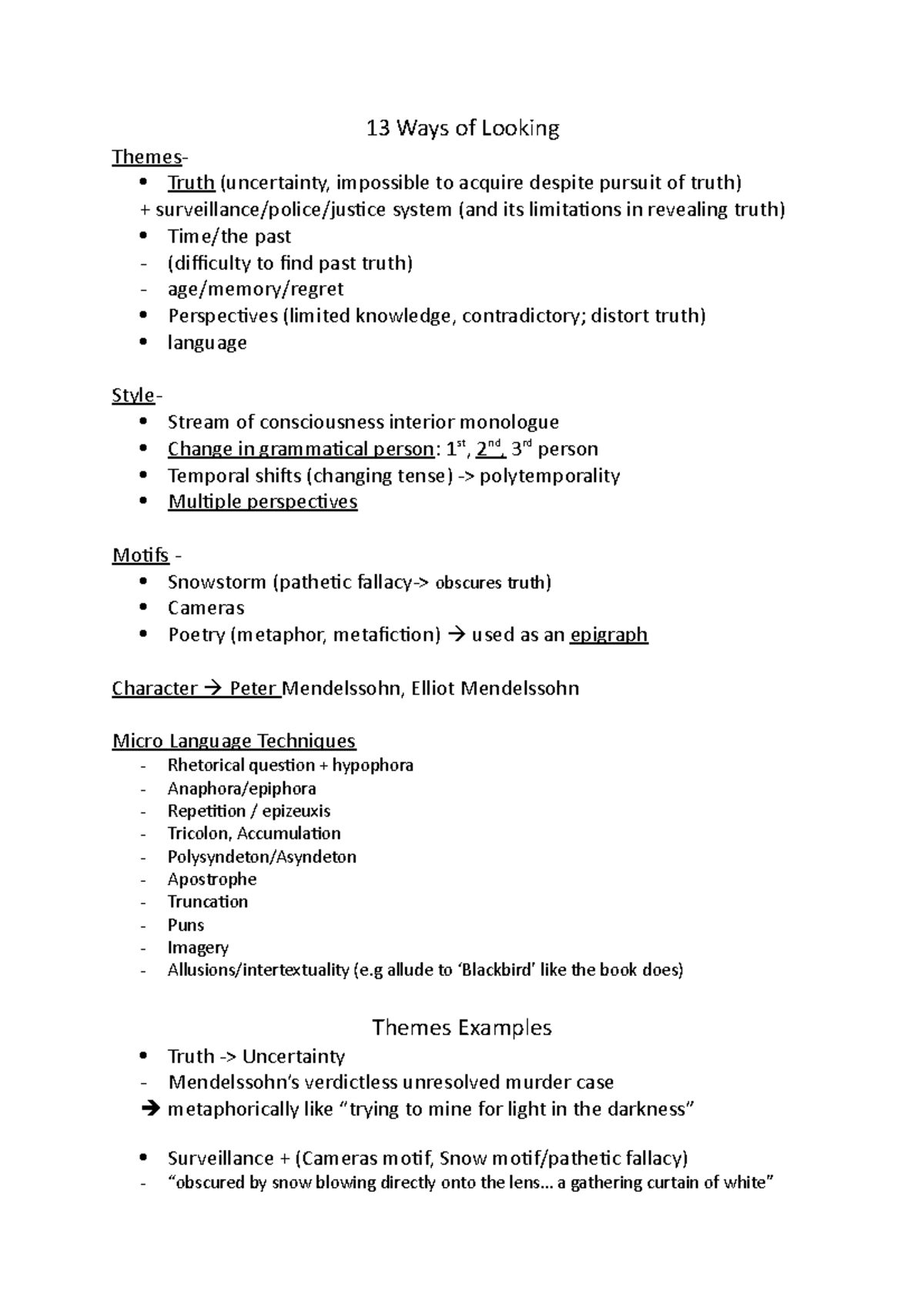 Notes Mod C 13 Ways of Looking - 13 Ways of Looking Themes- Truth ...