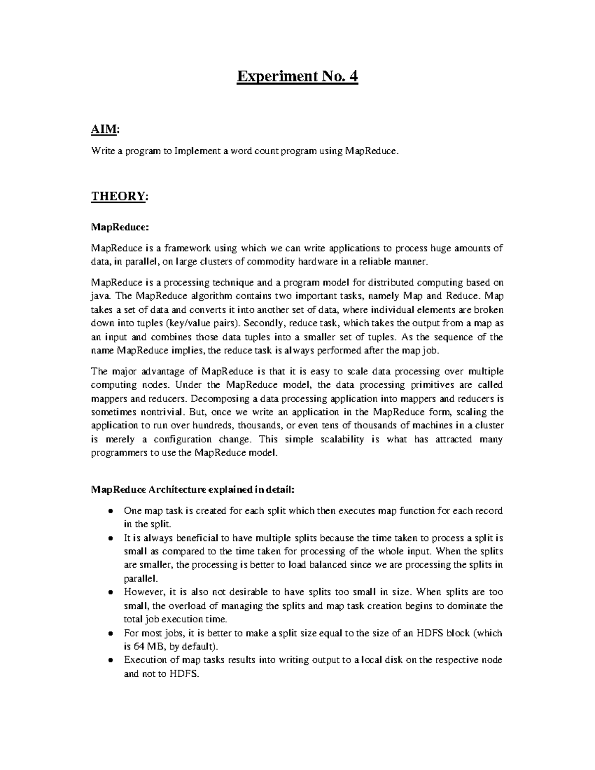 BDA-Exp4 Word Count Namrata - Experiment No. 4 AIM: Write a program to Implement a word count ...