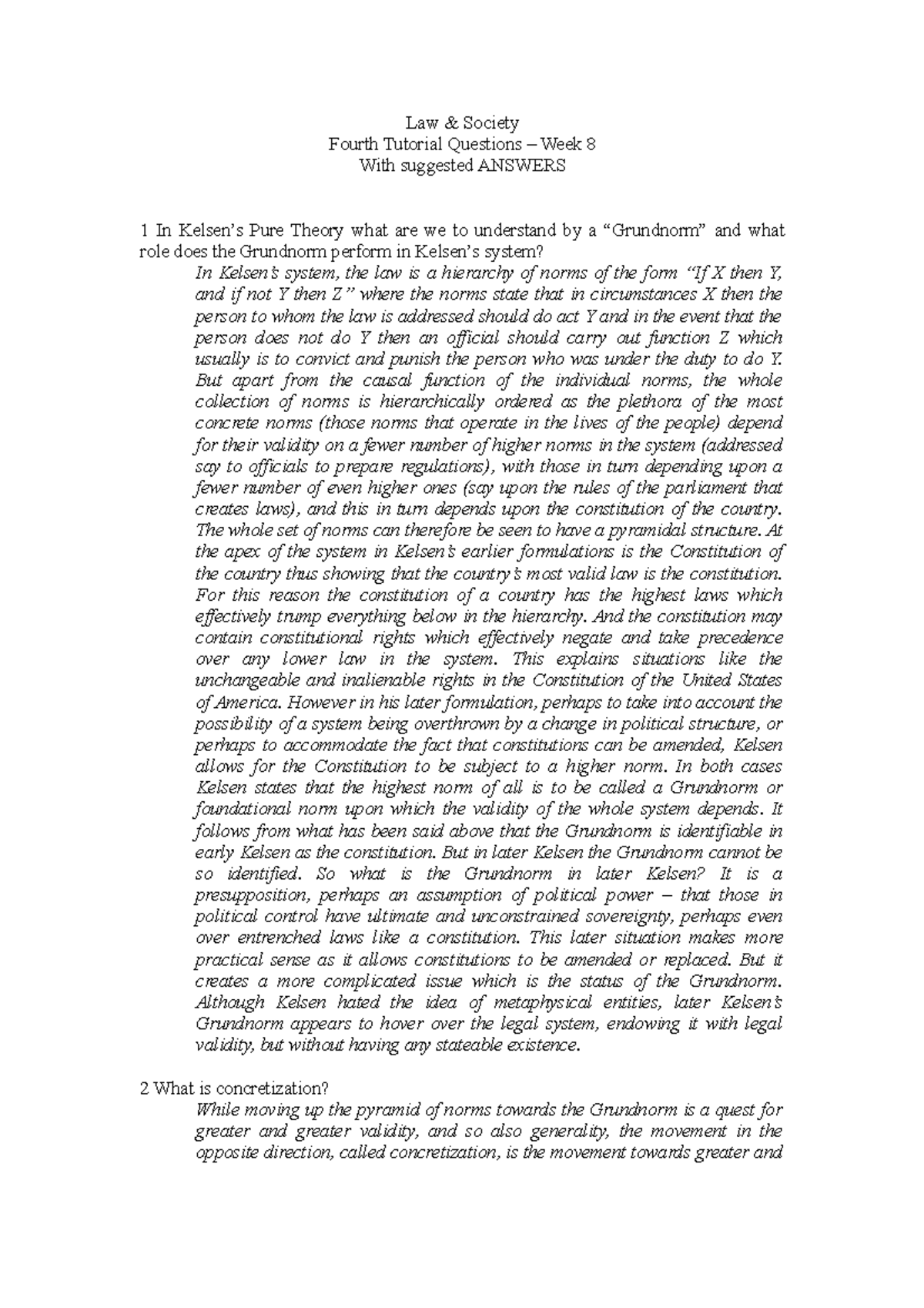 Law Society - fourth tutorial Questions - week 8 - with suggested ...