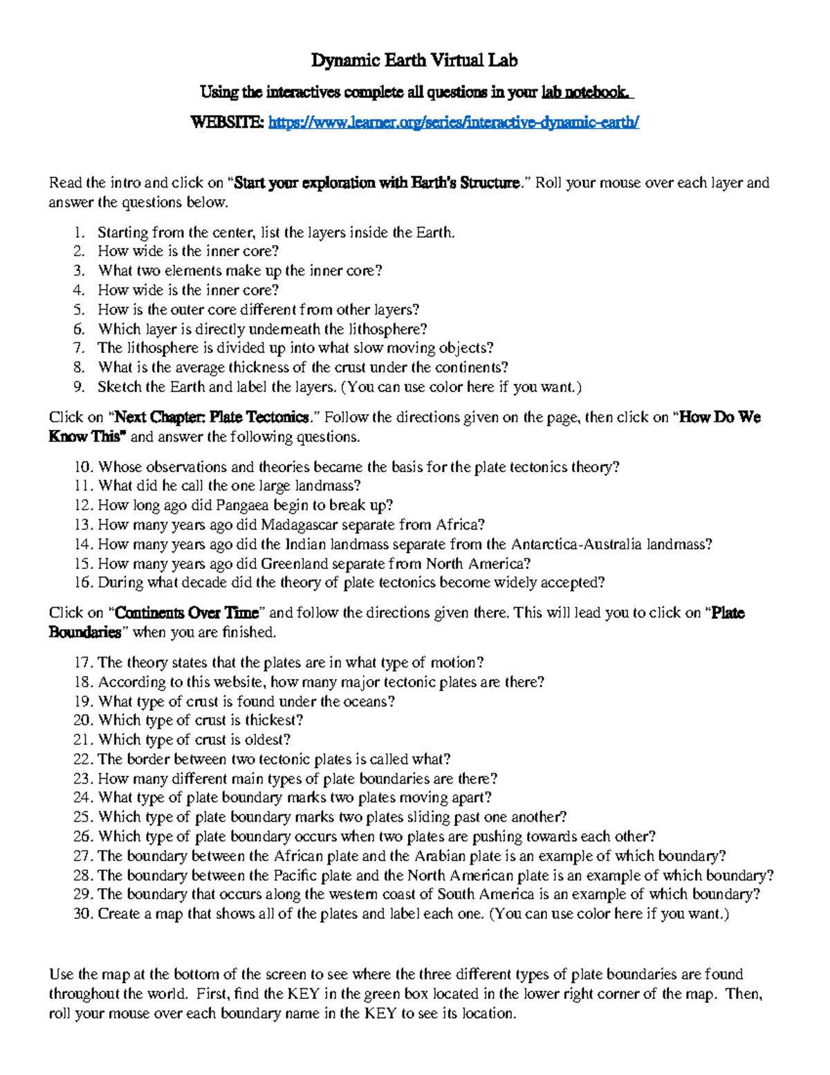 Dynamic Earth Virtual Lab - Dynamic Earth Virtual Lab Using the interactives complete all ...