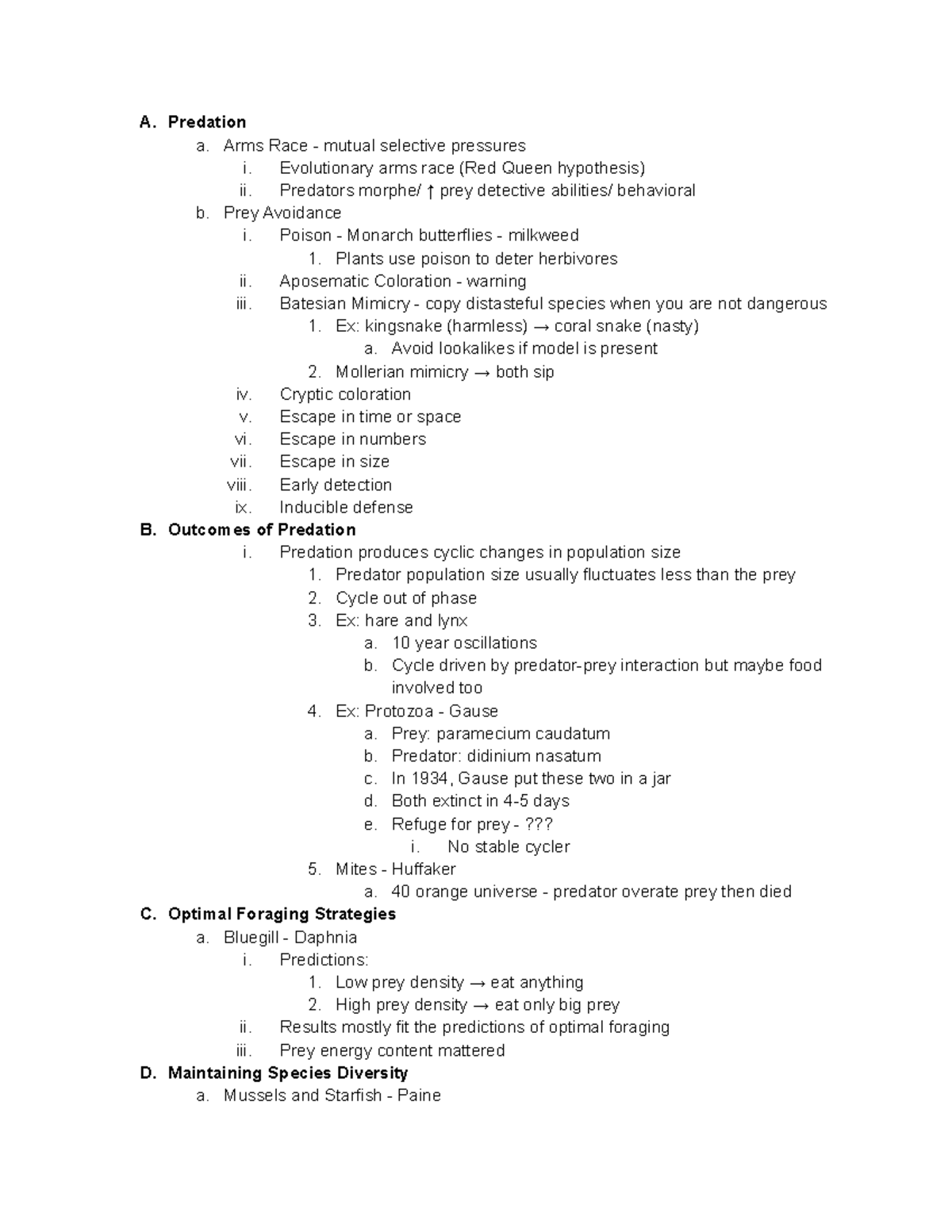 BIOL121 Lecture 23 Notes - Coevolution - A. Predation a. Arms Race ...