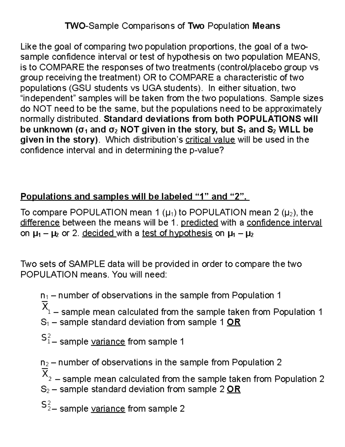 Test on 2 Means - Homework - TWO-Sample Comparisons of Two Population ...