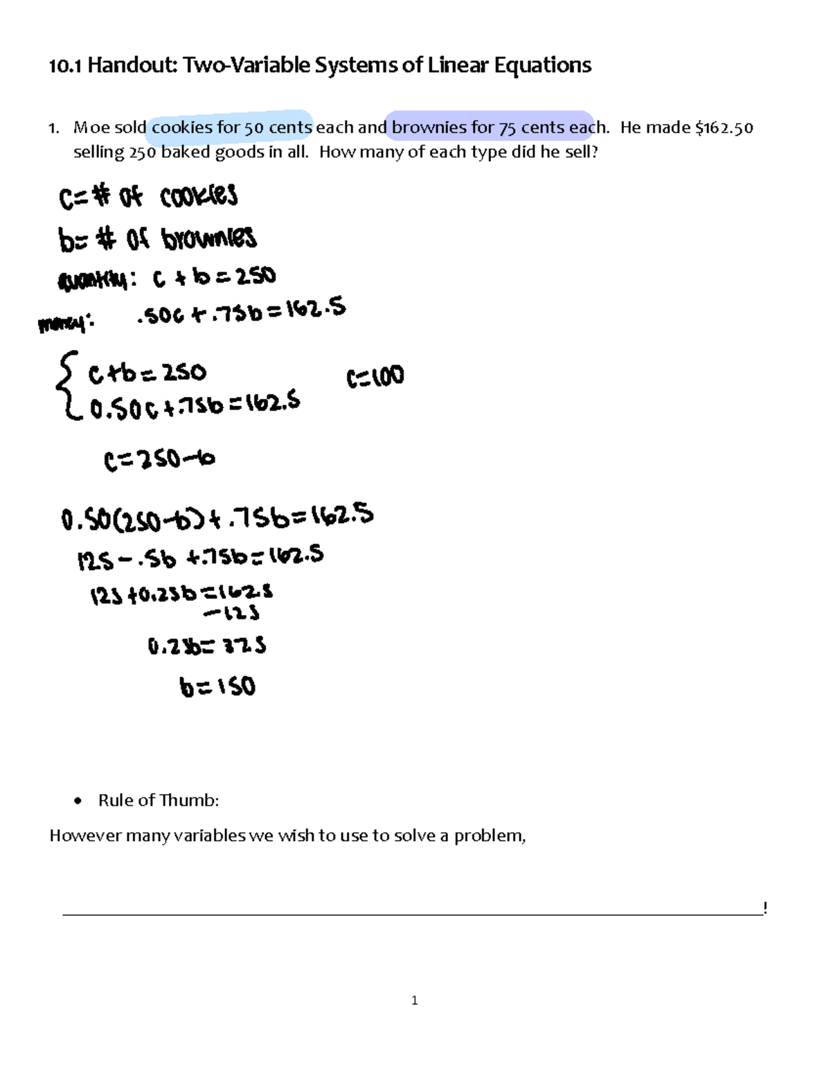 10 - Prof. Jennifer Davis - 1 10 Handout: Two-Variable Systems of ...