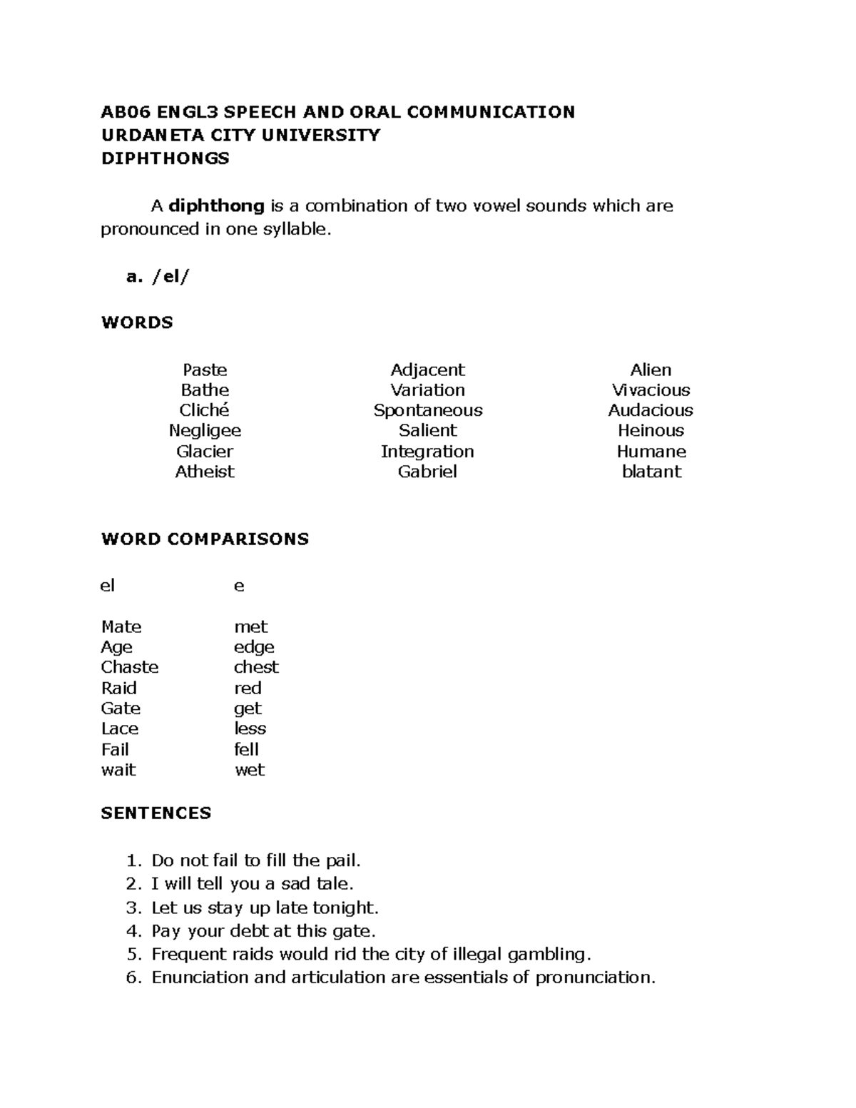 Diphthongs ( Speech AND ORAL Communication Subject) - AB06 ENGL3 SPEECH ...
