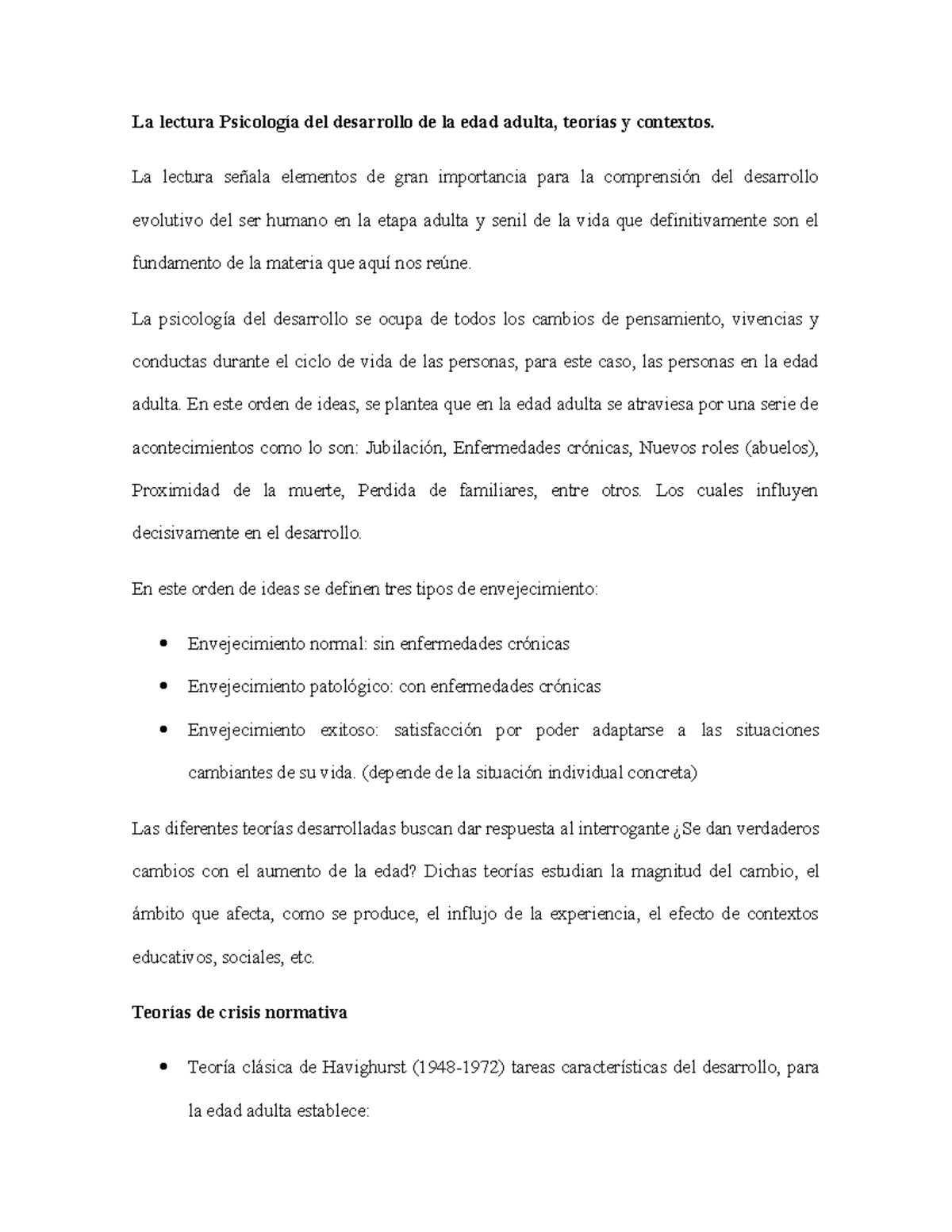 Aporte individual - La lectura Psicología del desarrollo de la edad adulta, teorías y contextos ...