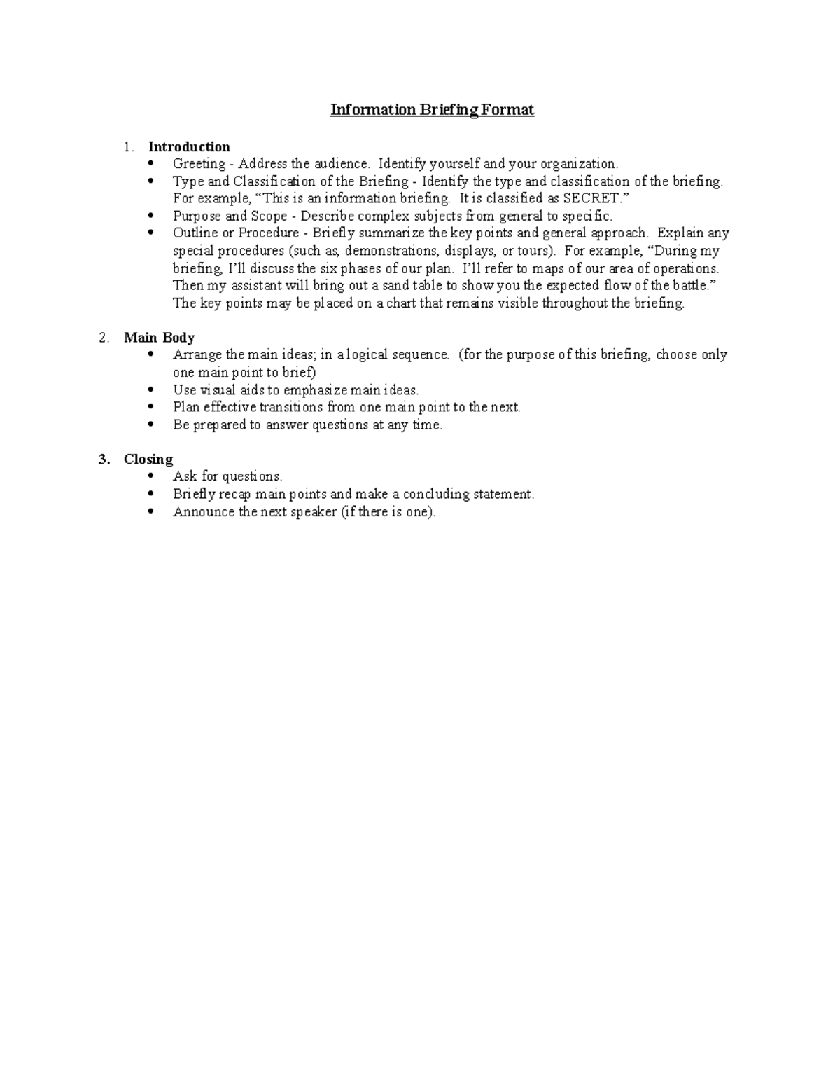 Information Briefing Format - Introduction Greeting - Address the ...