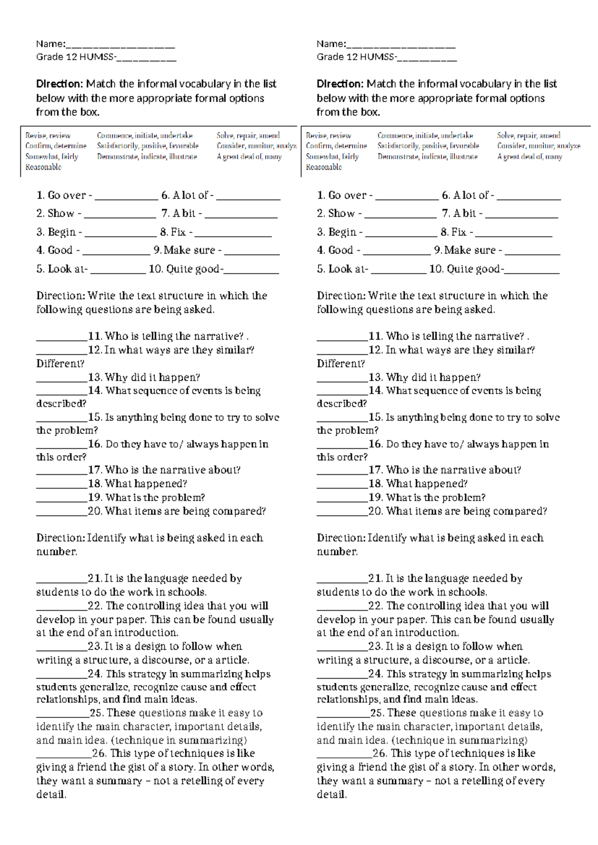 Quiz- text structure and techniques - Name:____________________ Grade ...