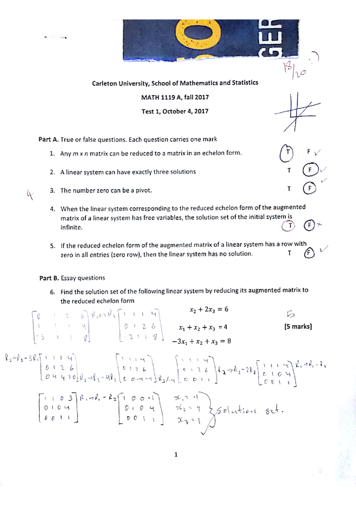 Exam 17 September, questions and answers - Carleton University, School ...
