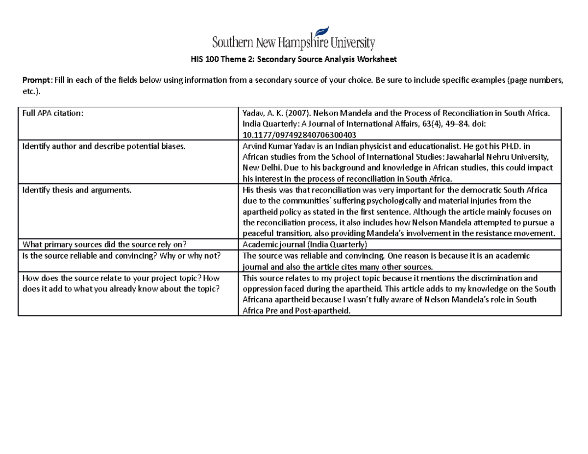 His100 secondary source analysis worksheet - HIS 100 Theme 2: Secondary ...