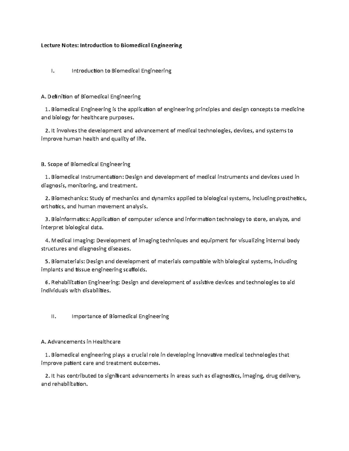 Lecture Notes Introduction To Biomedical Engineering Introduction To Biomedical Engineering A