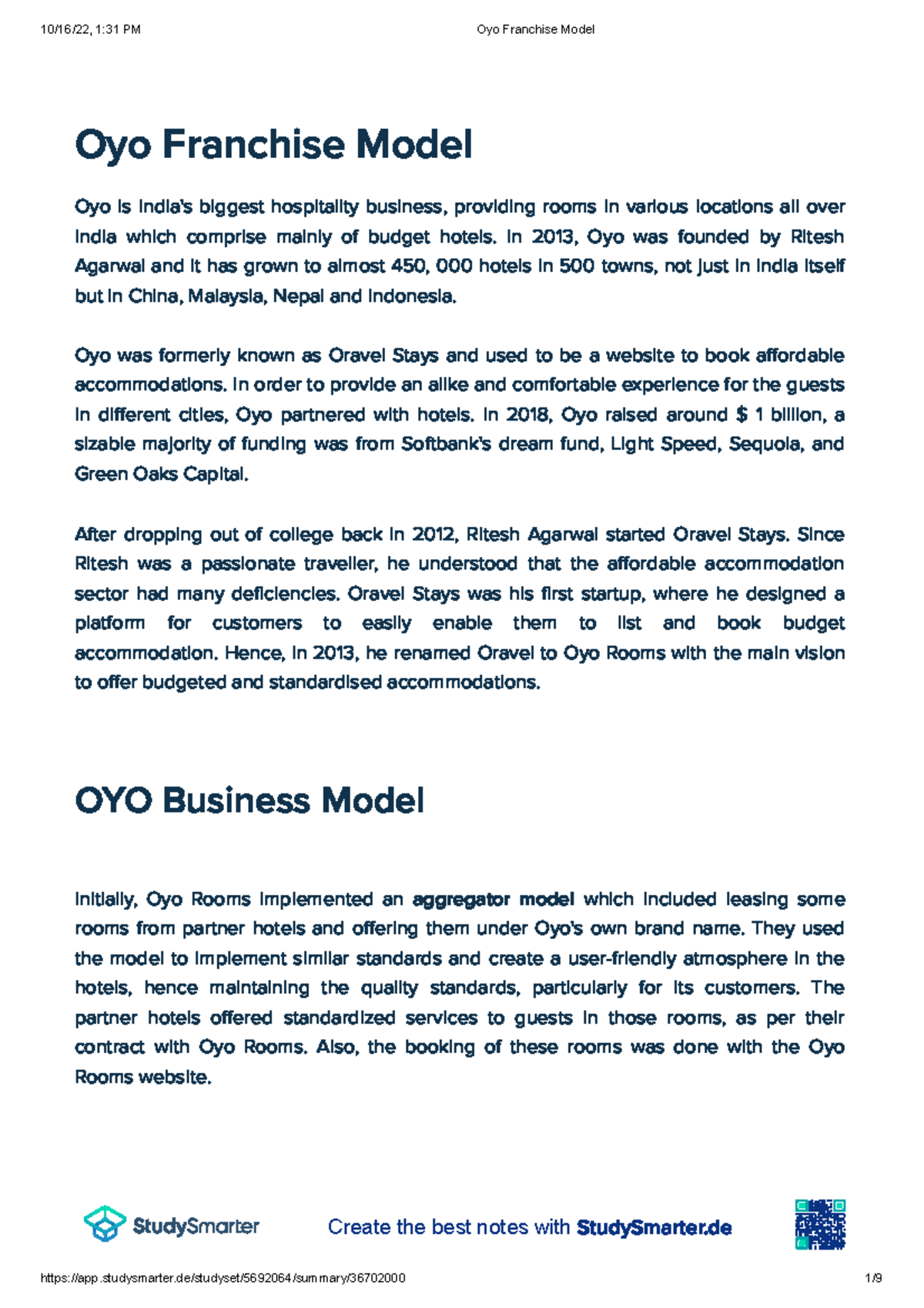 ICS 22231 OYO Franchise Model Mini Case Text - Create the best notes ...