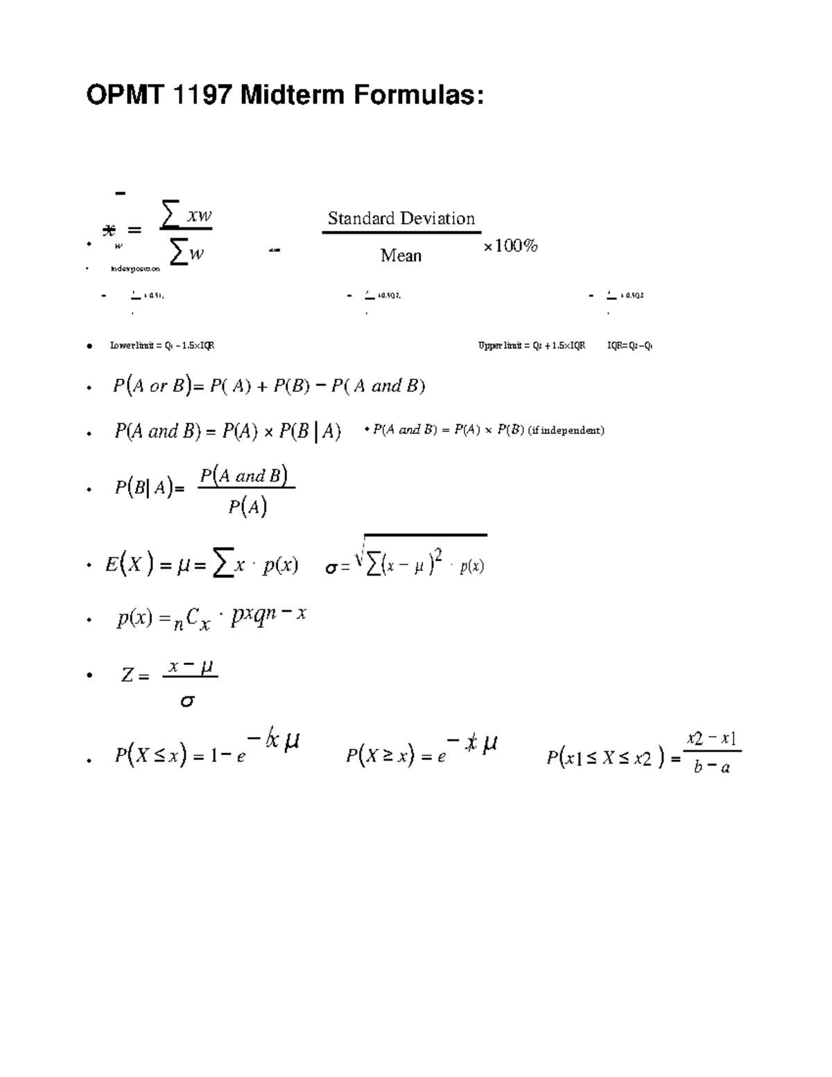 1187 Midterm Formulasdoc - OPMT 1197 Midterm Formulas: ∑ xw Standard ...