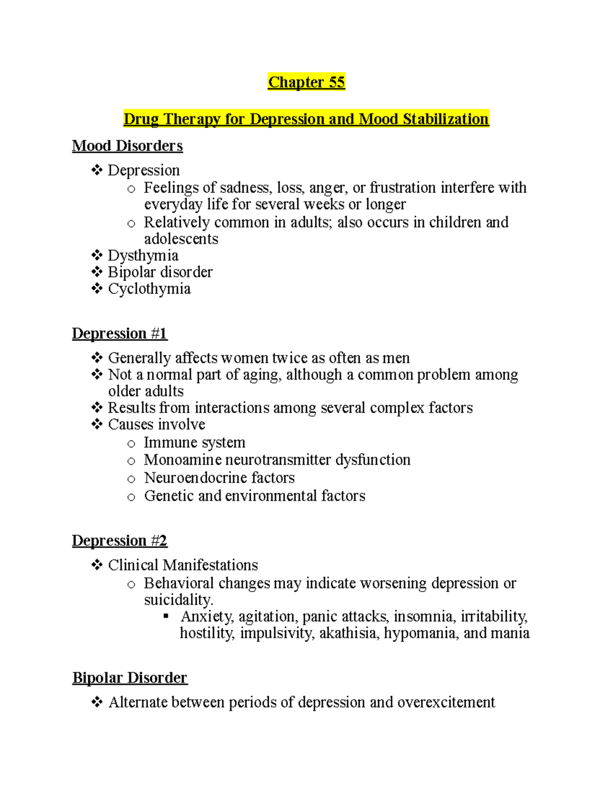 Pharm notes chapter 55 - Chapter 55 Drug Therapy for Depression and ...