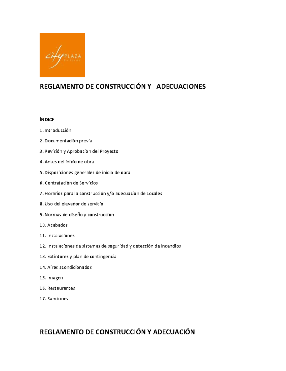 Reglamento DE Construcción Y Adecuaciones CITY Plaza - REGLAMENTO DE CONSTRUCCI”N Y ADECUACIONES ...