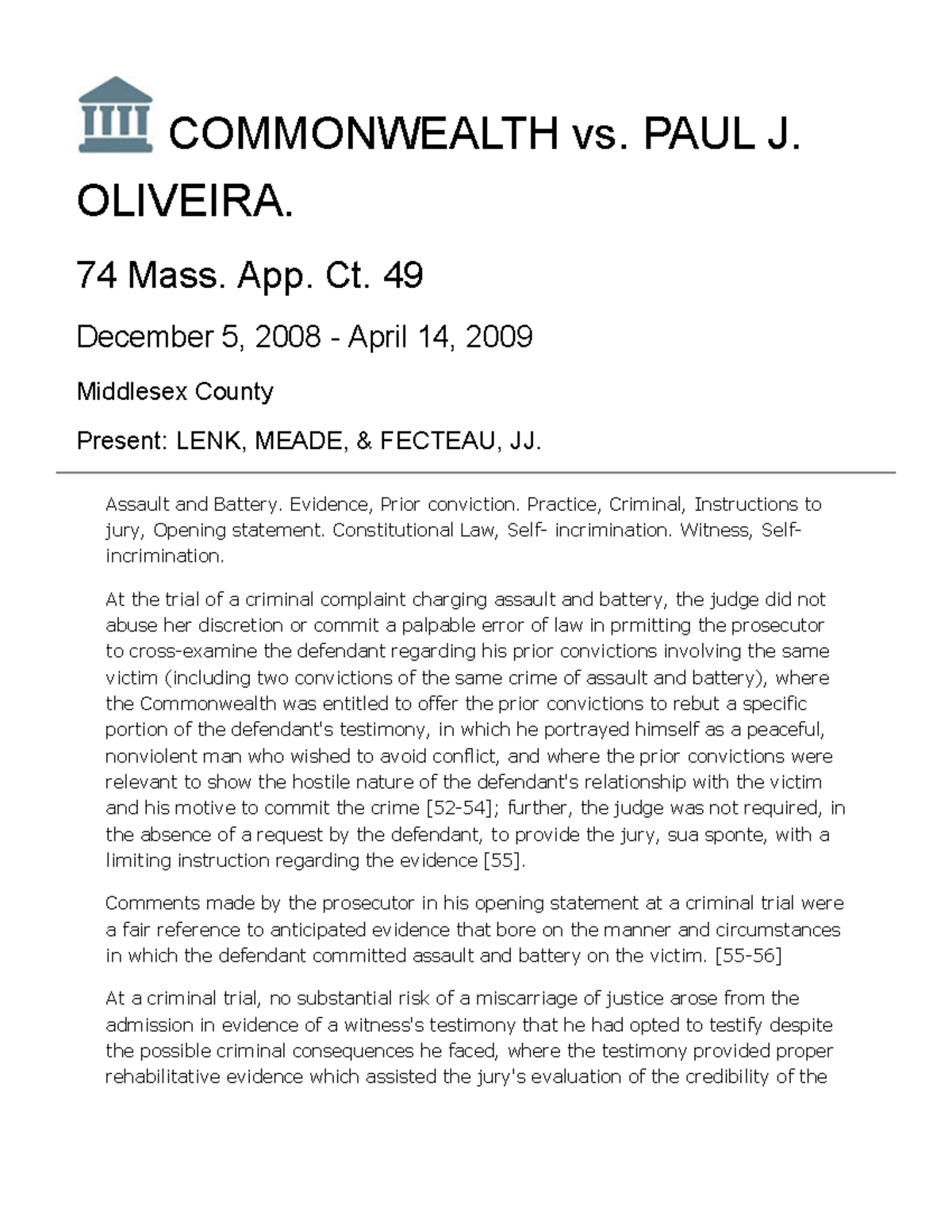 Oliveira, Commonwealth vs., 74 Mass. App. Ct. 49 - COMMONWEALTH vs ...