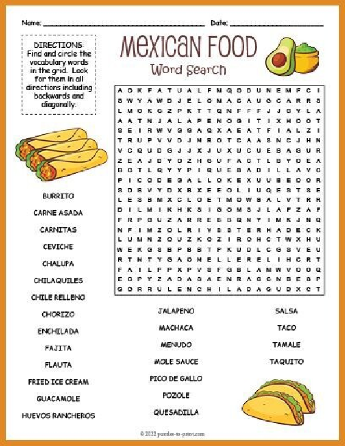 Comida Mexicana - ejercicio - Name: Date: DIRECTIONS: Find and circle ...
