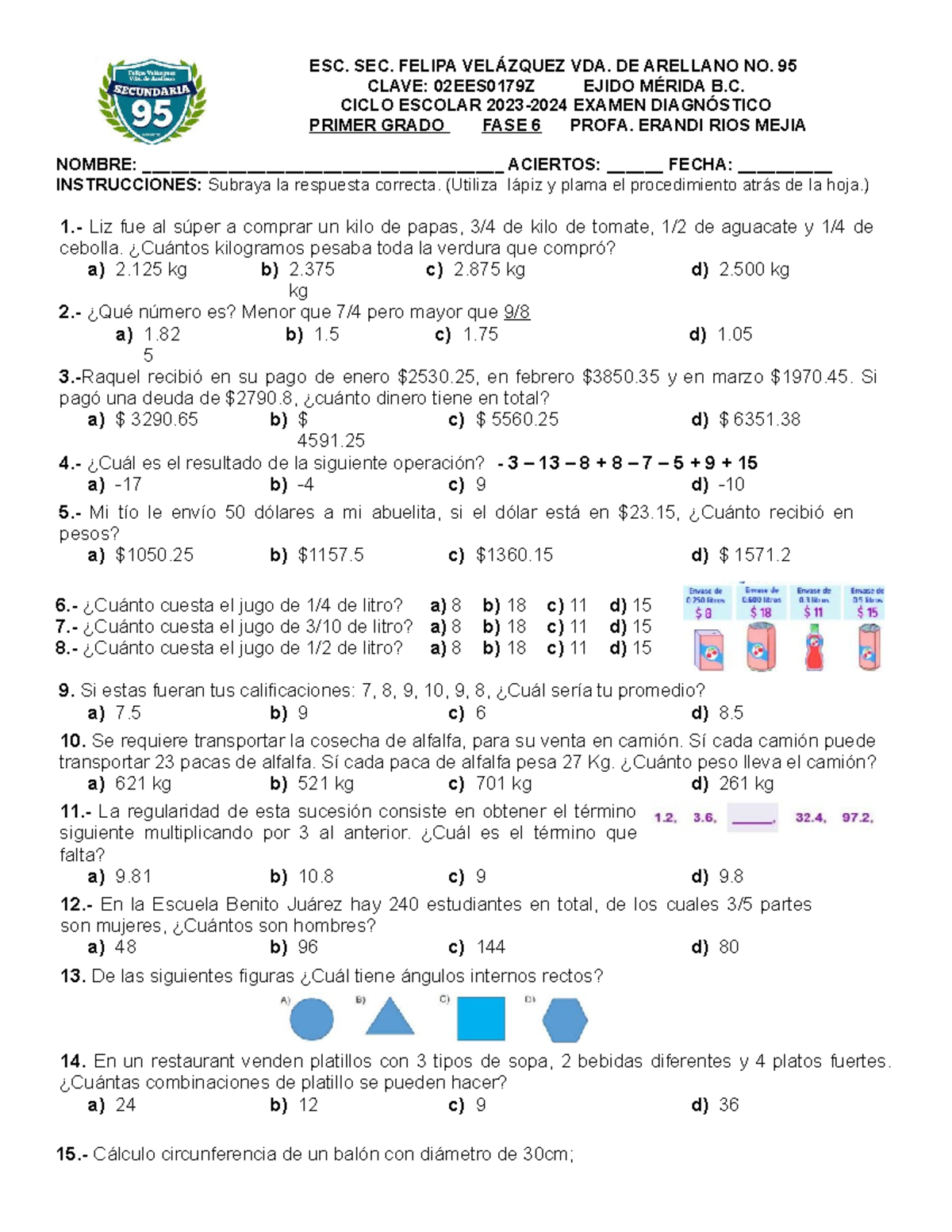 Diagnostico Matemáticas 1, 2,3 - ESC. SEC. FELIPA VELÁZQUEZ VDA. DE ...