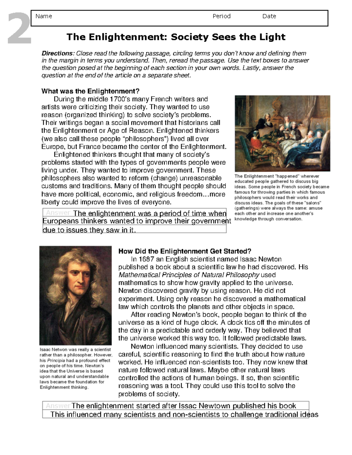 Enlightenment- Society Sees the Light Reading - 2 The Enlightenment ...