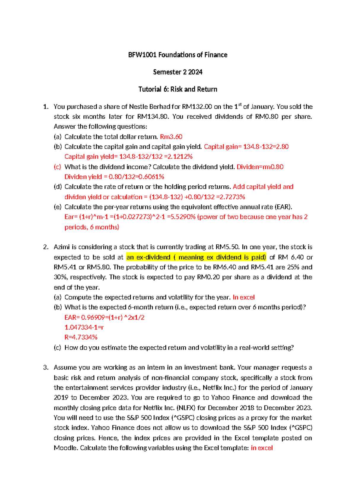 BFW1001 Tutorial 6 Questions - BFW1001 Foundations of Finance Semester ...