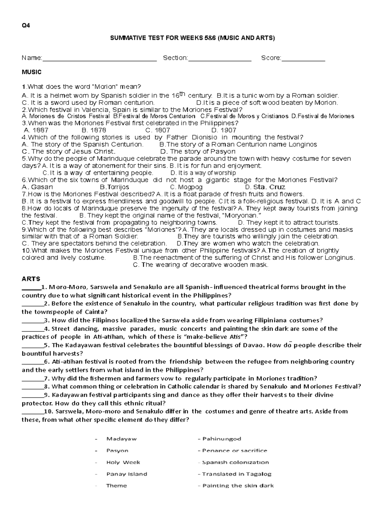 Summative TEST FOR WKS 5-8 Q4 - Q SUMMATIVE TEST FOR WEEKS 5&6 (MUSIC ...