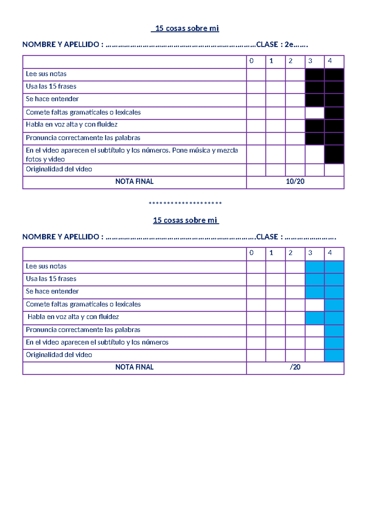 Grille de notation 15 cosas sobre mi 2nde - 15 cosas sobre mi NOMBRE Y ...