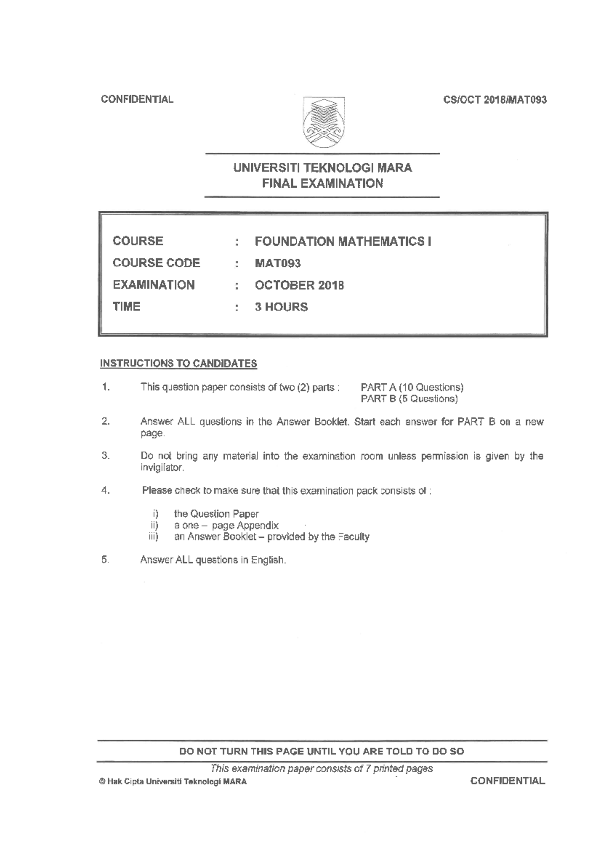 MAT093-2018-PAST YEAR QUESTIONS - Foundation of Mathematics - Studocu