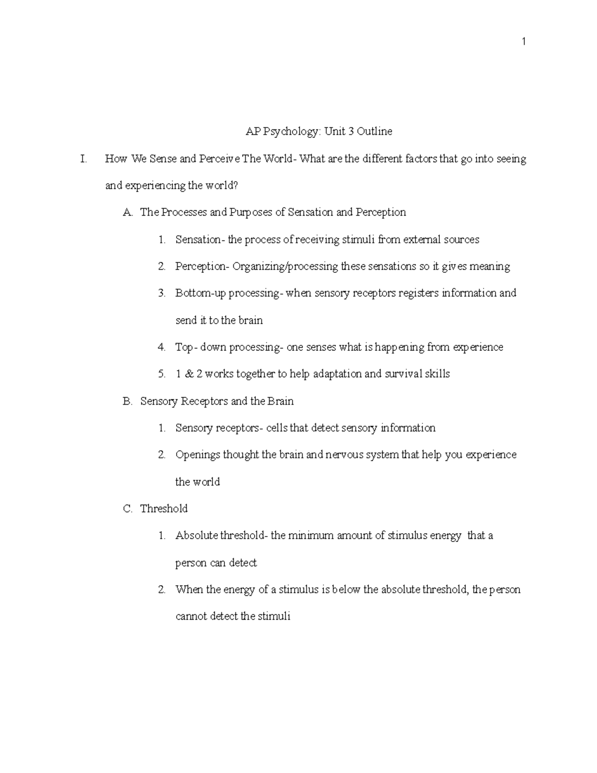 Unit III Outline - Cheat Sheet - AP Psychology: Unit 3 Outline I. How ...
