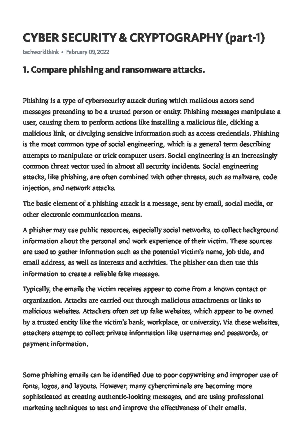 Crypto 1 - CYBER SECURITY & CRYPTOGRAPHY (part-1) techworldthink • February 09, 2022 1. Compare ...