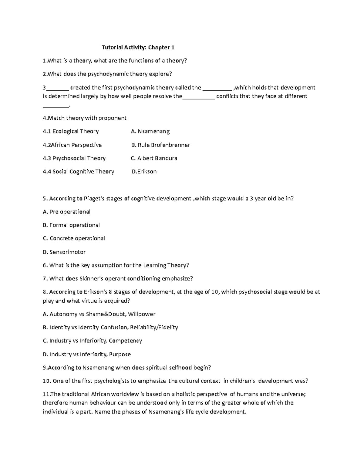 Tutorial Activity Chapter 1 - 4 theory with proponent 4 Ecological ...