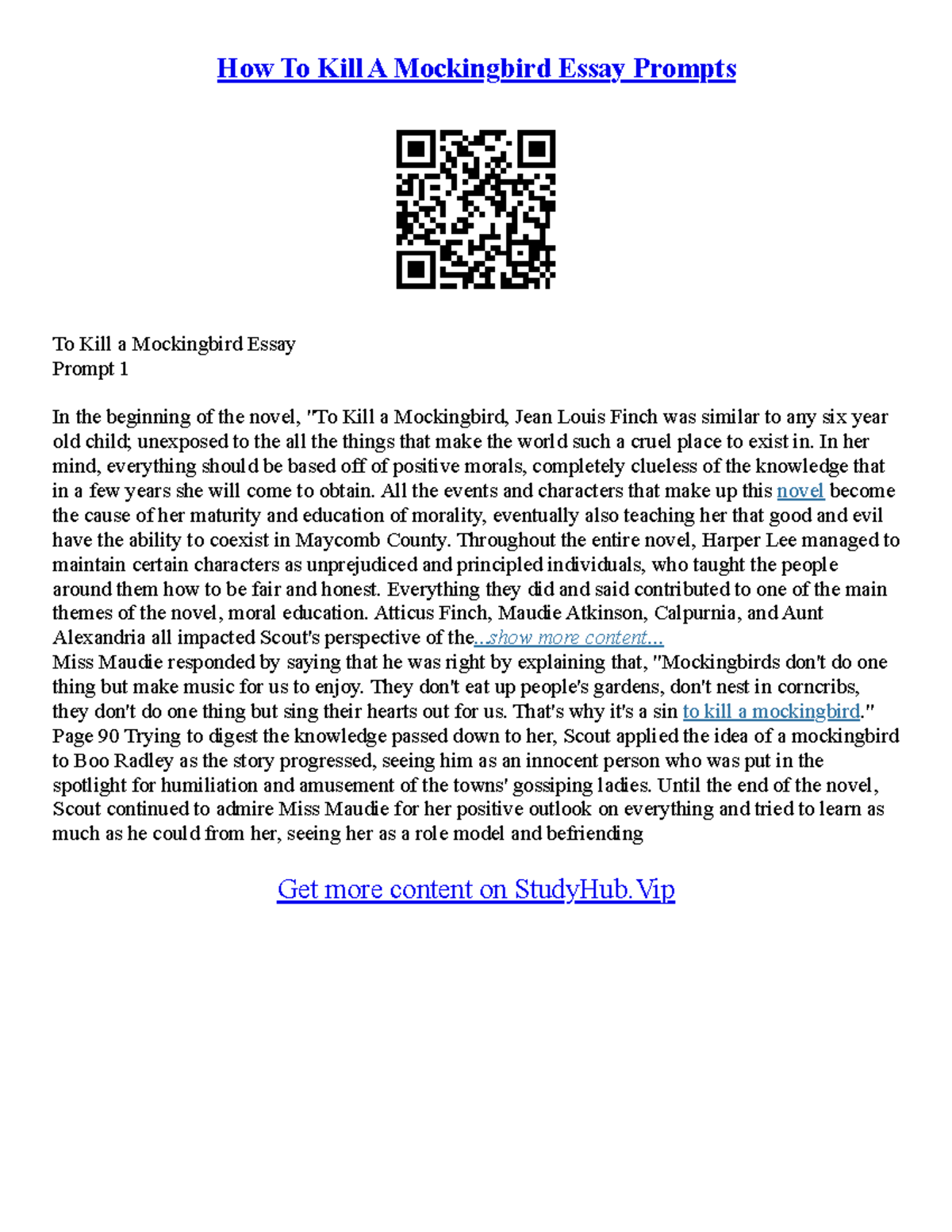 To Kill A Mockingbird Essay Prompts - In her mind, everything should be ...