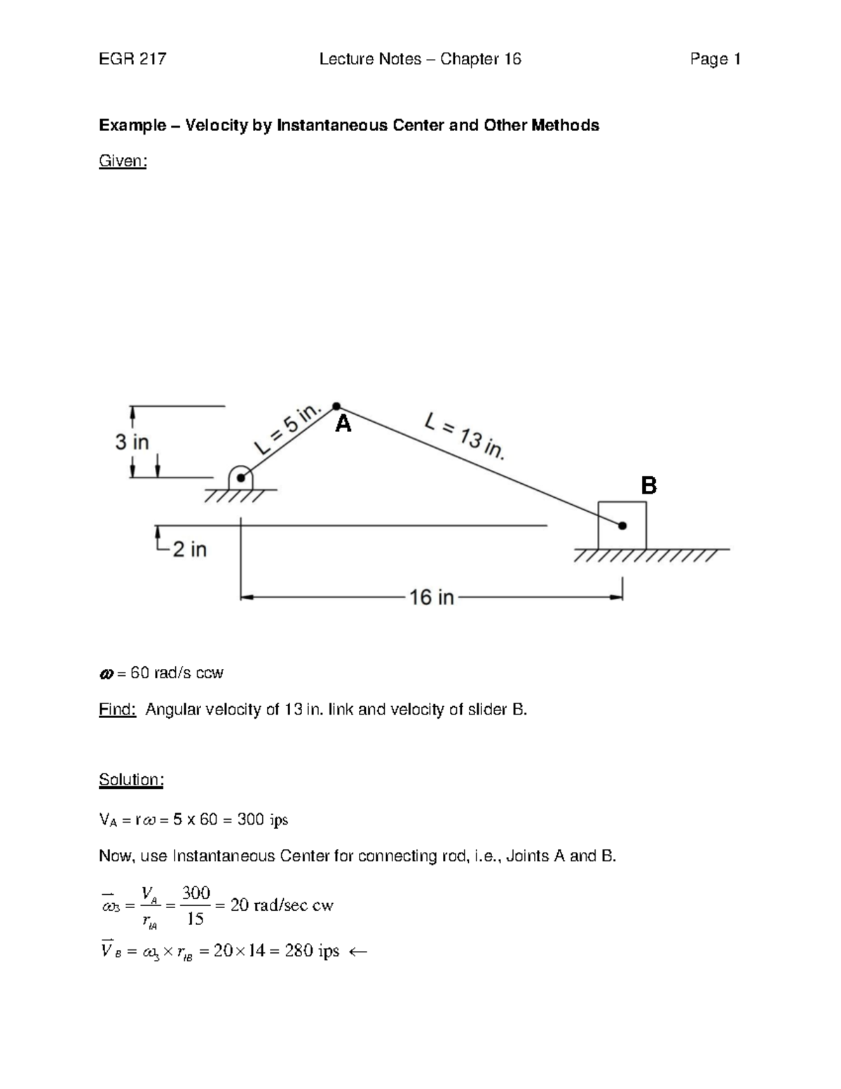 Slider-Crank Velocity Example - EGR 217 Lecture Notes – Chapter 16 Page ...