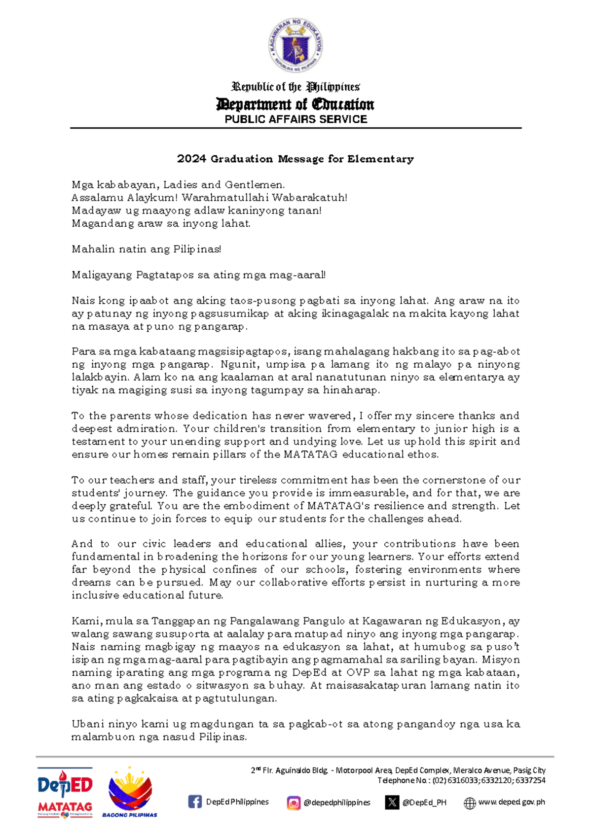 Message for Elementary Graduation - Republic of the Philippines ...