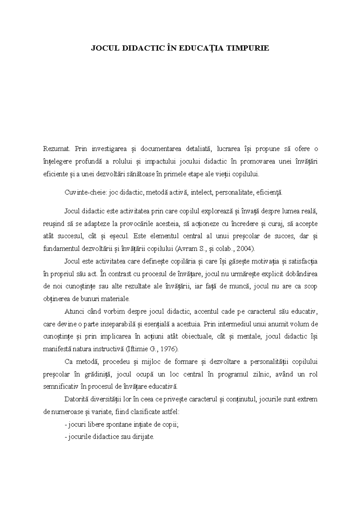 Jocul didactic în educația timpurie - JOCUL DIDACTIC ÎN EDUCA ȚIA ...