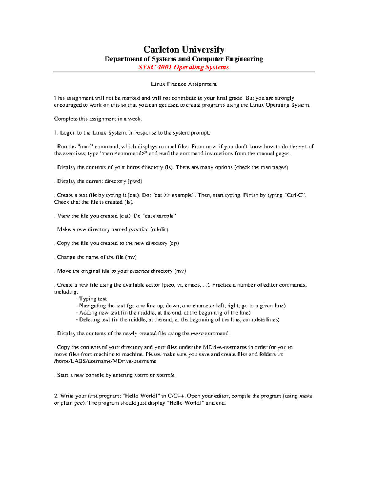 Assign 0 - lab 0 for sysc 4001 - Carleton University Department of Systems and Computer ...